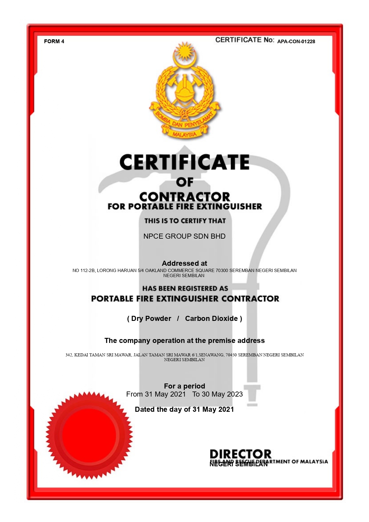 Certificate – NPCE Group Sdn Bhd